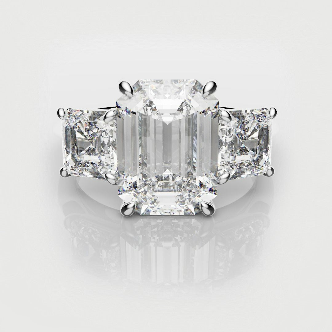 Emerald and Asscher Cut Diamond Trilogy Engagement Ring