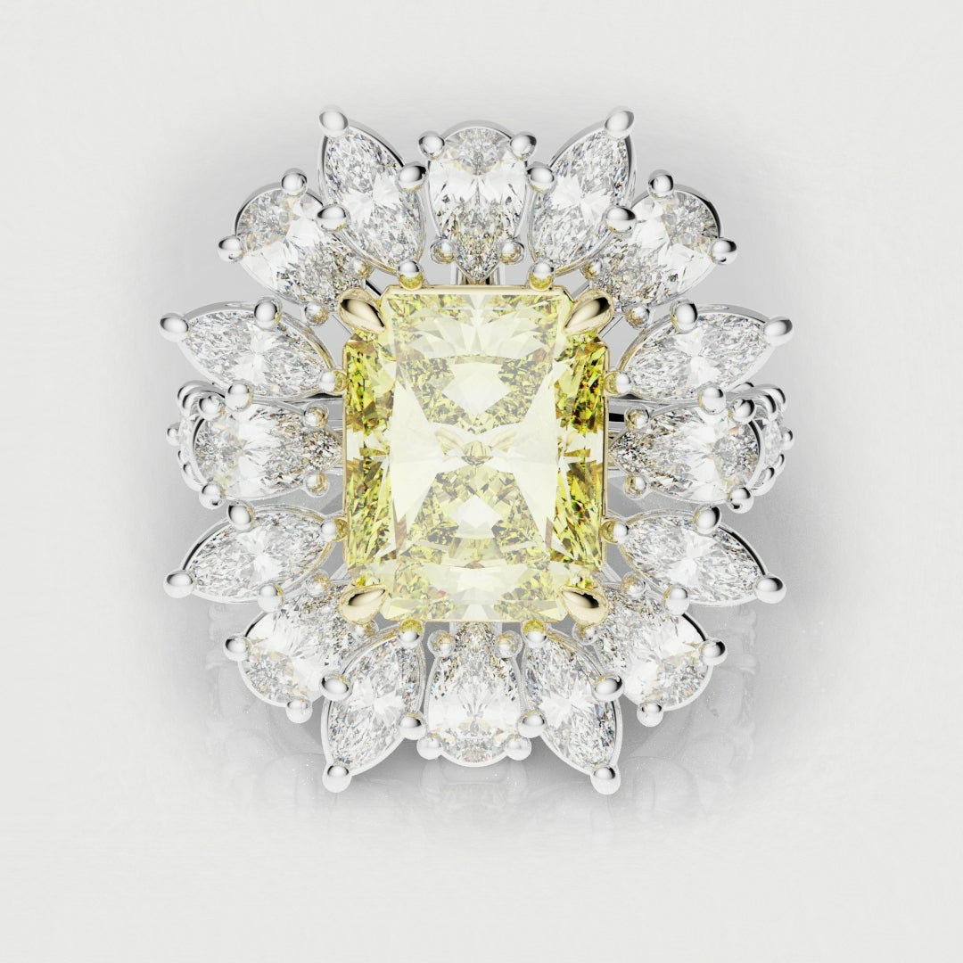 2ct Radiant Cut Fancy Yellow Ring with Pear and Marquise Diamond Clust
